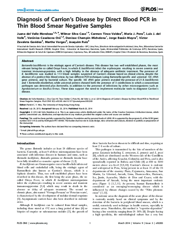 (PDF) Diagnosis of Carrion’s Disease by Direct Blood PCR in Thin Blood ...