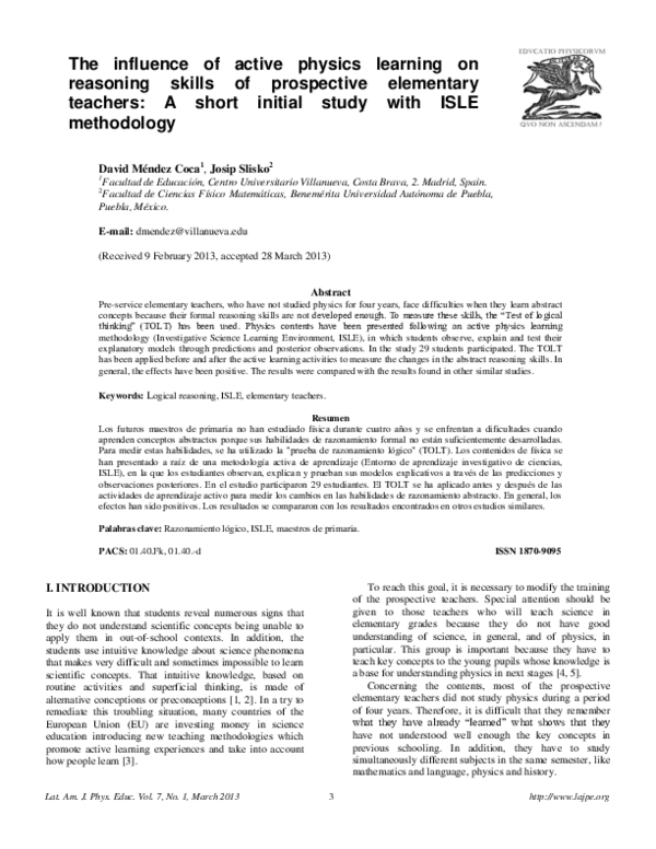 (PDF) The influence of active physics learning on reasoning skills of prospective elementary ...