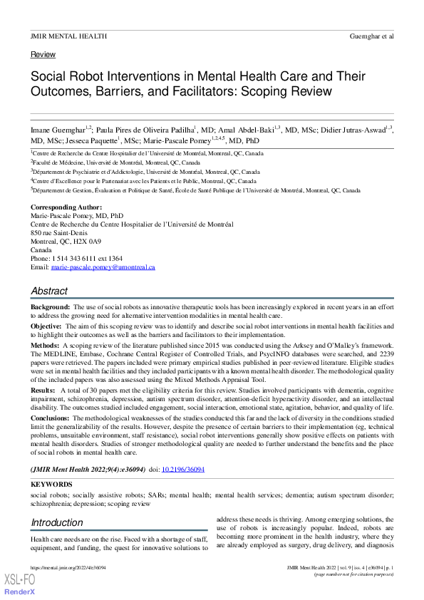 (PDF) Social Robot Interventions in Mental Health Care and Their Outcomes, Barriers, and ...