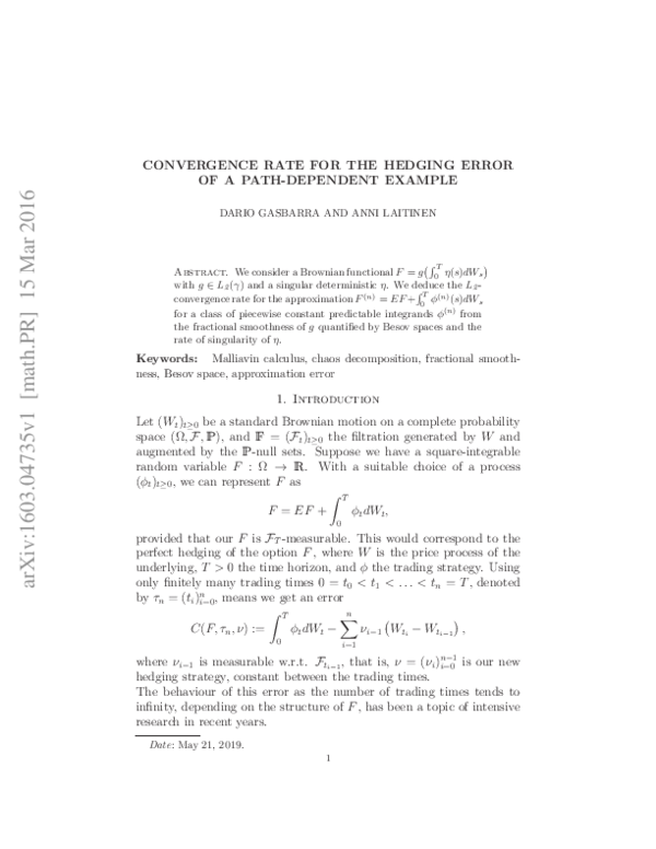 (PDF) Convergence rate for the hedging error of a path-dependent example