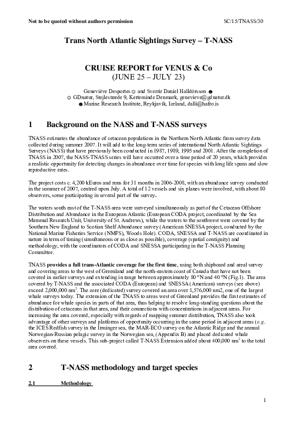 (PDF) Trans North Atlantic Sightings Survey – T-NASS CRUISE REPORT for ...