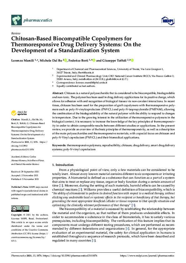(PDF) Chitosan-Based Biocompatible Copolymers for Thermoresponsive Drug Delivery Systems: On the ...