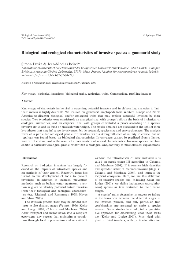 (PDF) Biological and ecological characteristics of invasive species: a ...