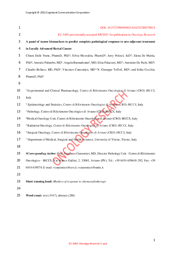 (PDF) A Panel of Tumor Biomarkers to Predict Complete Pathological Response to Neoadjuvant ...