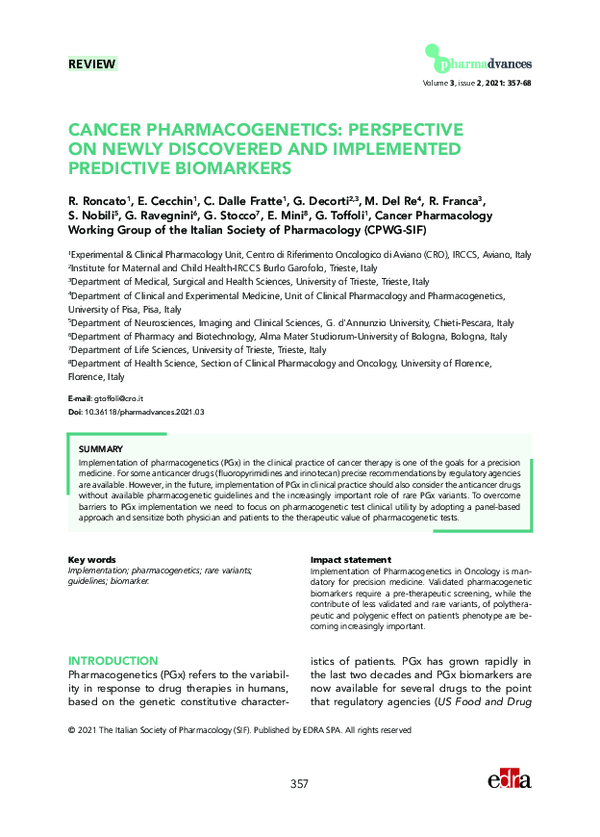 (PDF) Cancer Pharmacogenetics: perspective on newly discovered and implemented predictive biomarkers