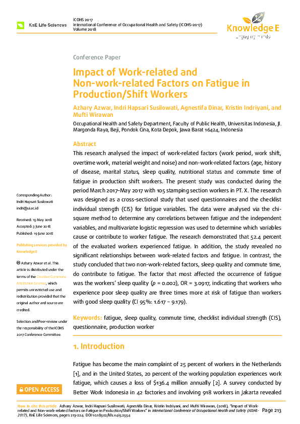 (PDF) Impact of Work-related and Non-work-related Factors on Fatigue in ...