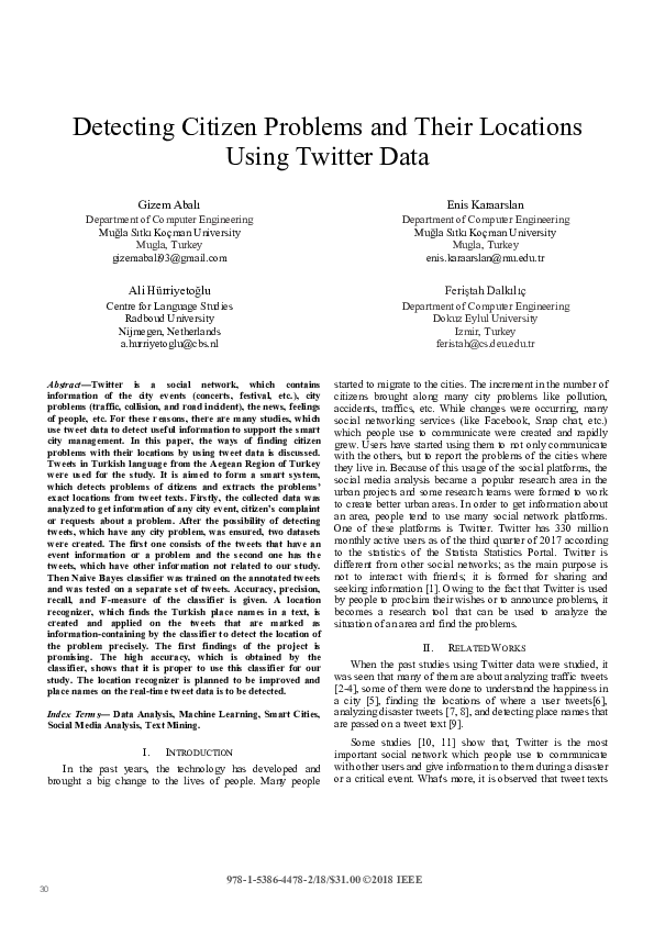 (PDF) Detecting citizen problems and their locations using twitter data