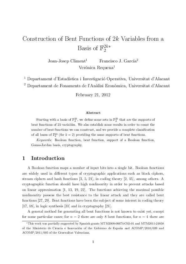 (PDF) Construction of bent functions of 2kvariables from a basis of