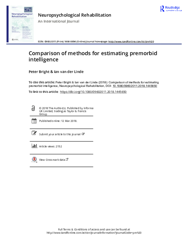(PDF) Comparison of methods for estimating premorbid intelligence