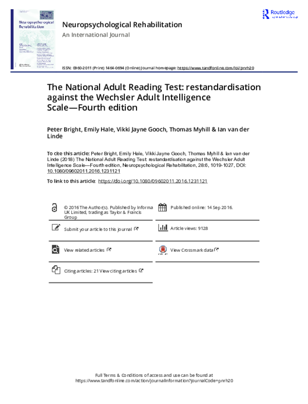 (PDF) The National Adult Reading Test: restandardisation against the ...