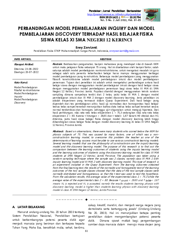 (PDF) Pengaruh Model Pembelajaran Discovery Dan Inkuiri Terbimbing Berbasis Eksperimen Terhadap ...