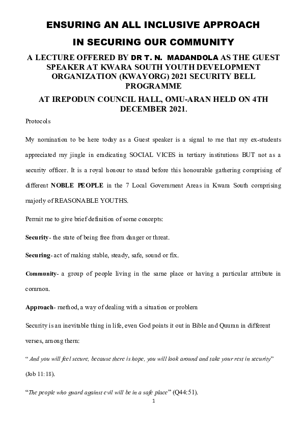 (DOC) ENSURING AN ALL INCLUSIVE APPROACH IN SECURING OUR COMMUNITY