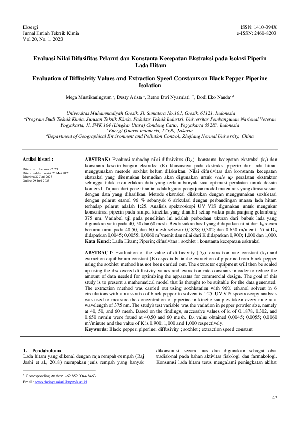 (PDF) Evaluation of Diffusivity Values and Extraction Speed Constants ...