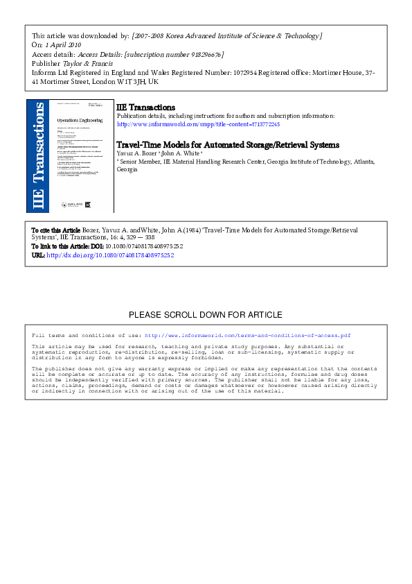 (PDF) Travel-Time Models for Automated Storage/Retrieval Systems