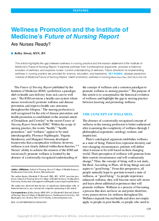 (PDF) Wellness Promotion and the Institute of Medicineʼs Future of ...