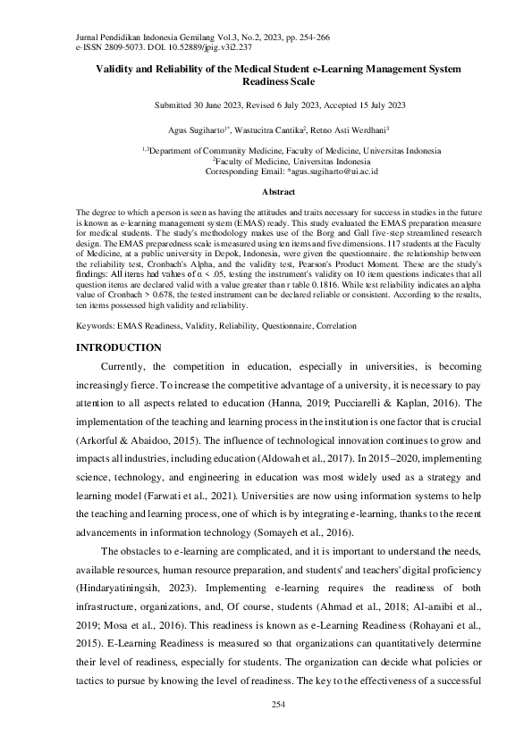 (PDF) Validity and Reliability of the Medical Student e-Learning Management System Readiness ...