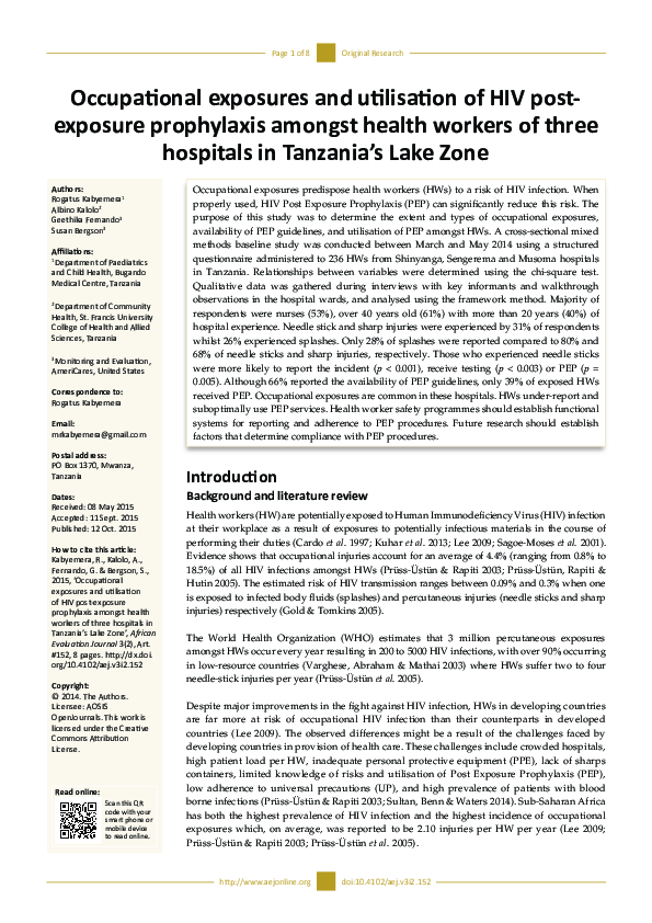 (PDF) Occupational exposures and utilisation of HIV postexposure ...