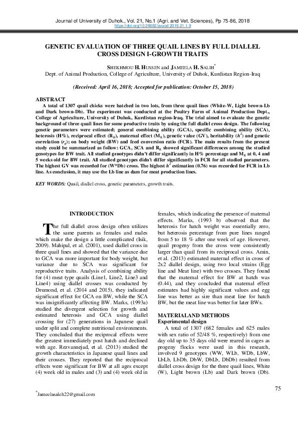 (PDF) Genetic Evaluation of Three Quail Lines by Full Diallel Cross ...