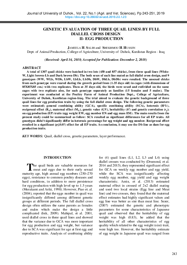 (PDF) Genetic Evaluation of Three Quail Lines\ by Full Diallel Cross ...