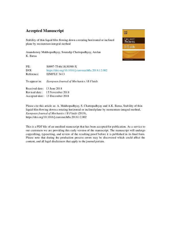 (PDF) Stability of thin liquid film flowing down a rotating horizontal or inclined plane by ...