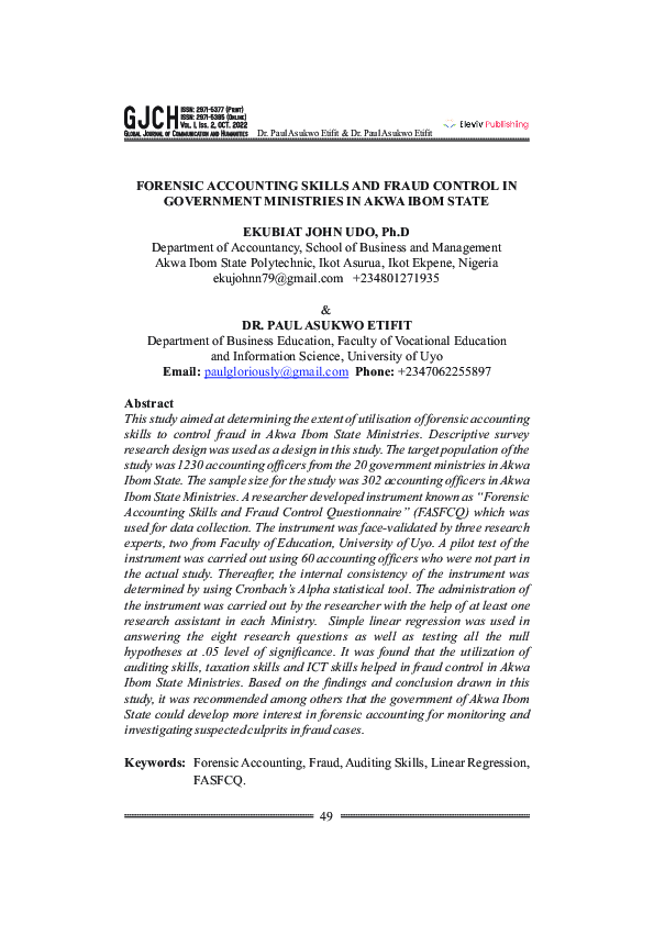 (PDF) Forensic Accounting Skills and Fraud Control in Government Ministries in Akwa Ibom State