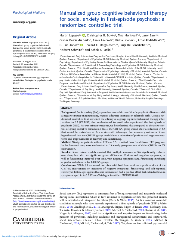 (PDF) Manualized group cognitive behavioral therapy for social anxiety in first-episode ...