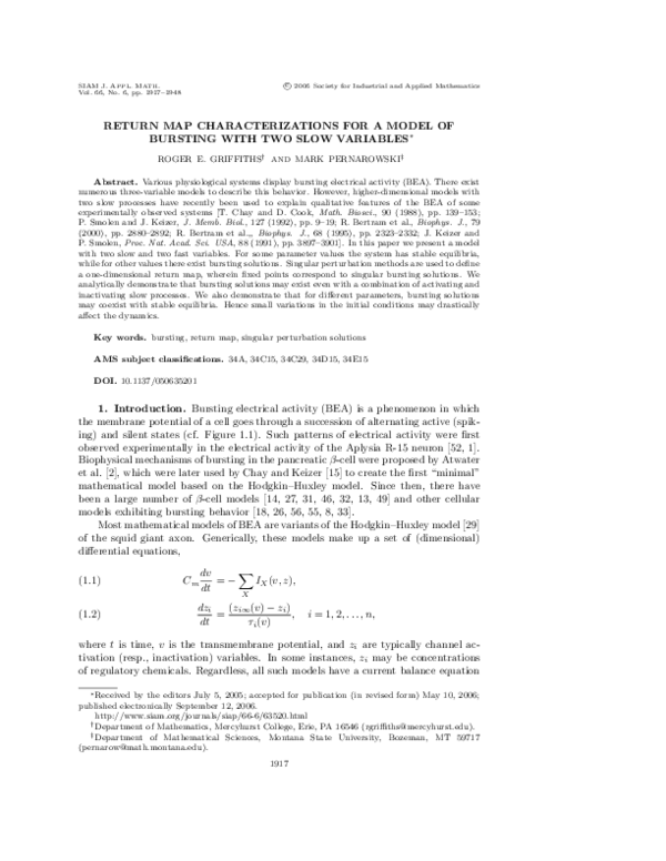 (PDF) Return Map Characterizations for a Model of Bursting with Two Slow Variables | Mark ...