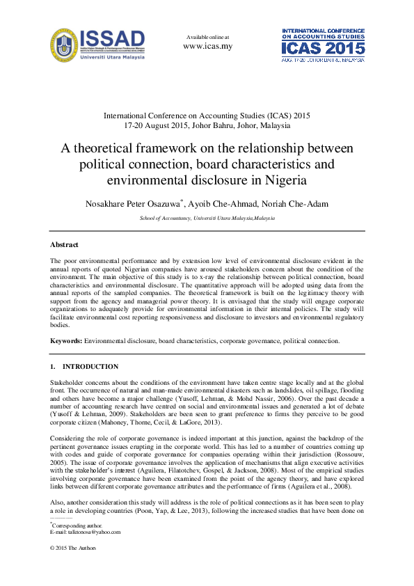(PDF) Political Connection, Board Characteristics and Environmental Disclosure in Nigeria