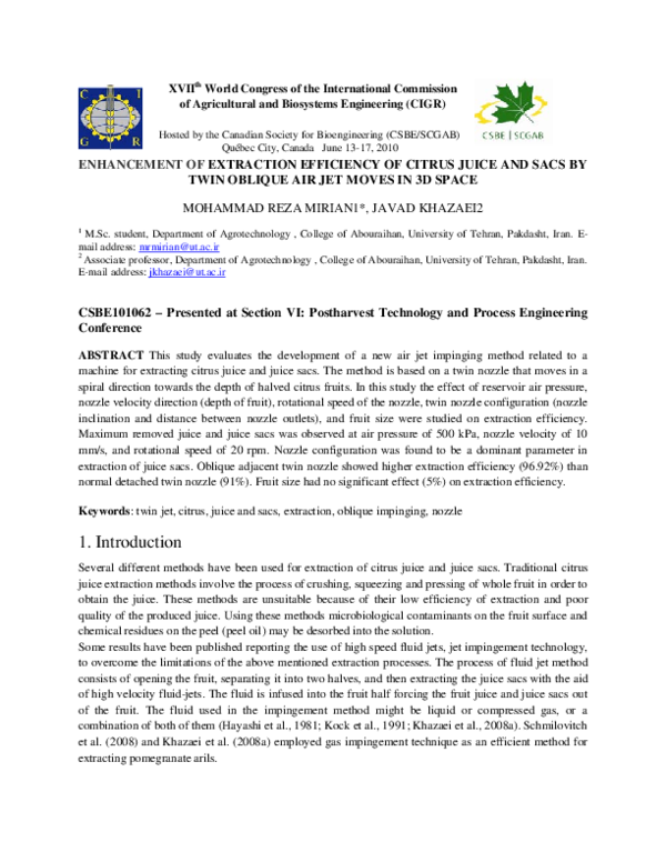 Pdf Enhancement Of Extraction Efficiency Of Citrus Juice And Sacs By Twin Oblique Air Jet
