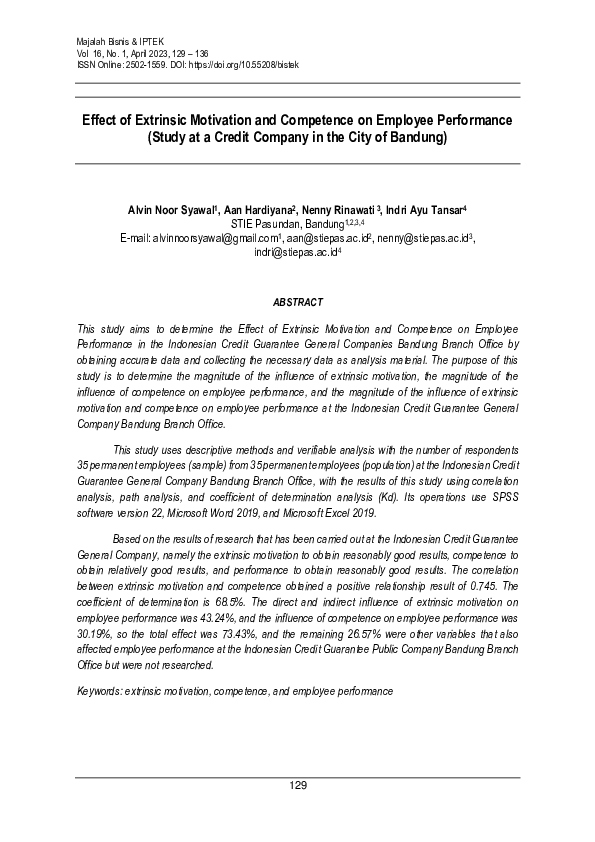 (PDF) Effect of Extrinsic Motivation and Competence on Employee Performance