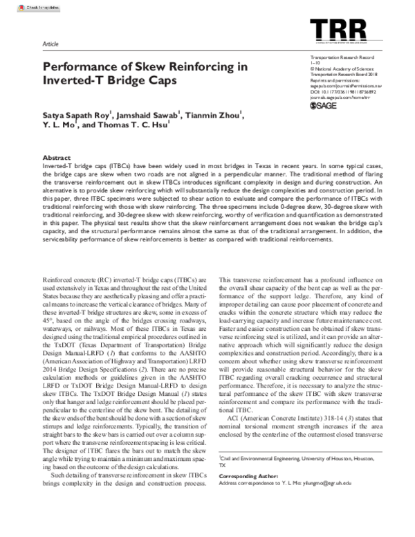 (PDF) Performance of Skew Reinforcing in Inverted-T Bridge Caps