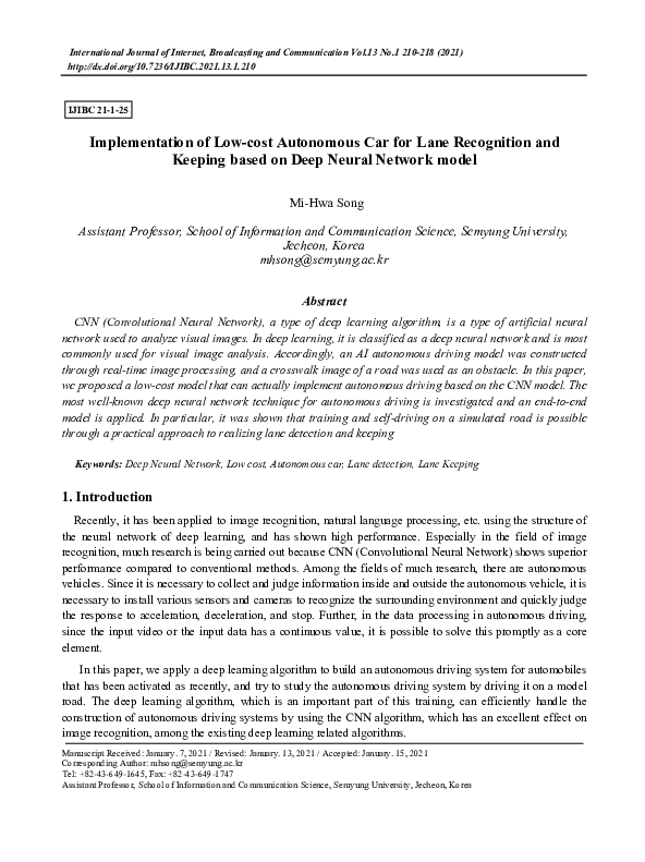 (PDF) Implementation of Low-cost Autonomous Car for Lane Recognition and Keeping based on Deep ...