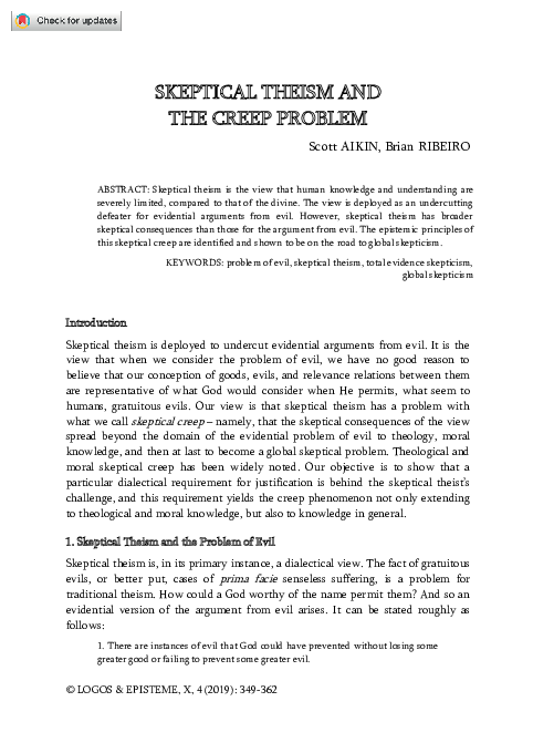 (PDF) Skeptical Theism and the Creep Problem | Scott Aikin - Academia.edu