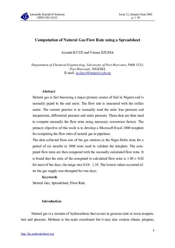 (PDF) Computation of Natural Gas Flow Rate using a Spreadsheet