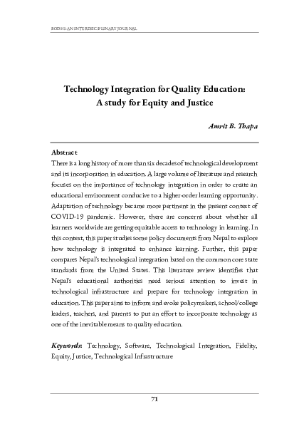 (PDF) Technology Integration for Quality Education: A study for Equity and Justice