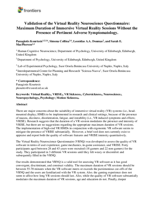 (PDF) Validation of the Virtual Reality Neuroscience Questionnaire: Maximum Duration of ...