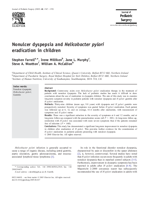 (PDF) Nonulcer dyspepsia and Helicobacter pylori eradication in children | Steve Wootton ...