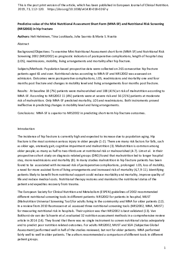 (PDF) Predictive value of the mini-nutritional assessment short form ...