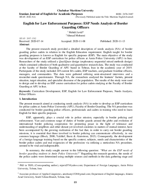 (PDF) English for Law Enforcement Purposes: ESP Needs Analysis of ...