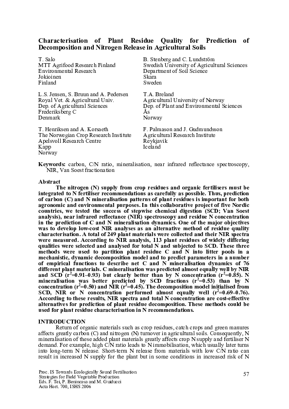 (PDF) Characterisation of Plant Residue Quality for Prediction of Decomposition and Nitrogen ...