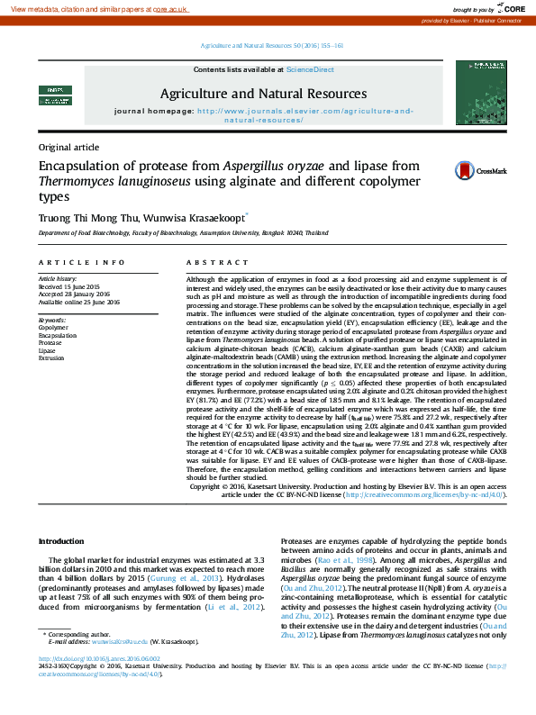 (PDF) Encapsulation of protease from Aspergillus oryzae and lipase from Thermomyces lanuginoseus ...