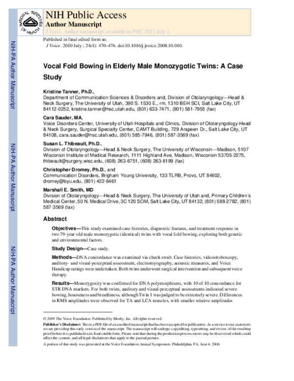 (PDF) Vocal Fold Bowing in Elderly Male Monozygotic Twins: A Case Study | Cara L Sauder ...