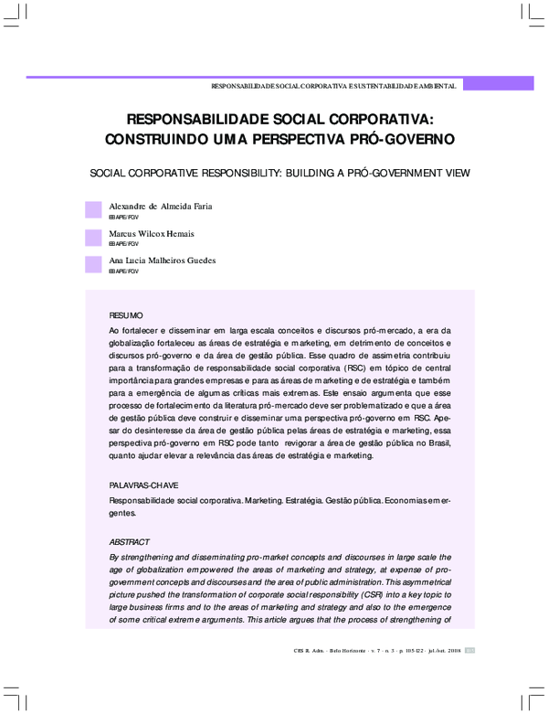 (PDF) Responsabilidade Social Corporativa: Construindo Uma Perspectiva Pró-Governo | Ana Lucia ...