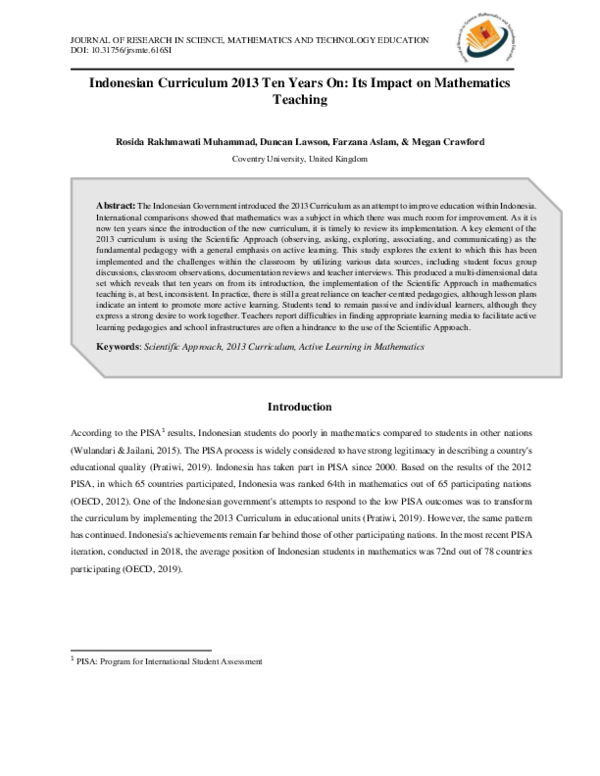 (PDF) Indonesian Curriculum 2013 Ten Years On: Impact on Mathematics ...