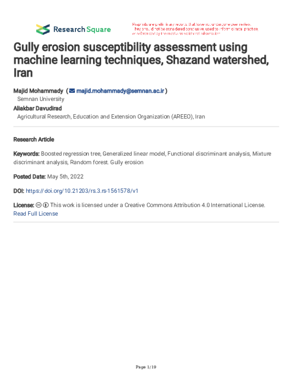 (PDF) Gully erosion susceptibility assessment using machine learning techniques, Shazand ...