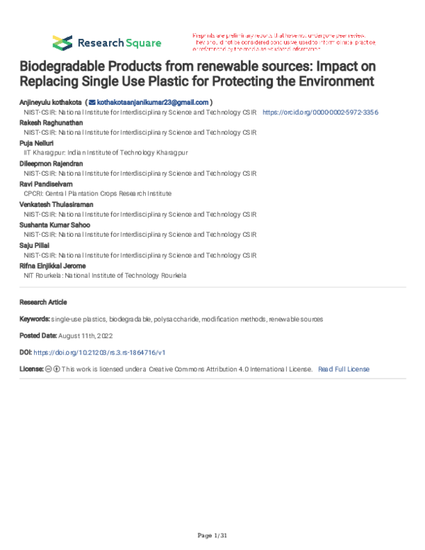 (PDF) Biodegradable Products from renewable sources: Impact on Replacing Single Use Plastic for ...