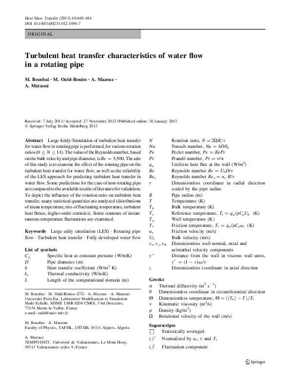 (PDF) Turbulent heat transfer characteristics of water flow in a rotating pipe