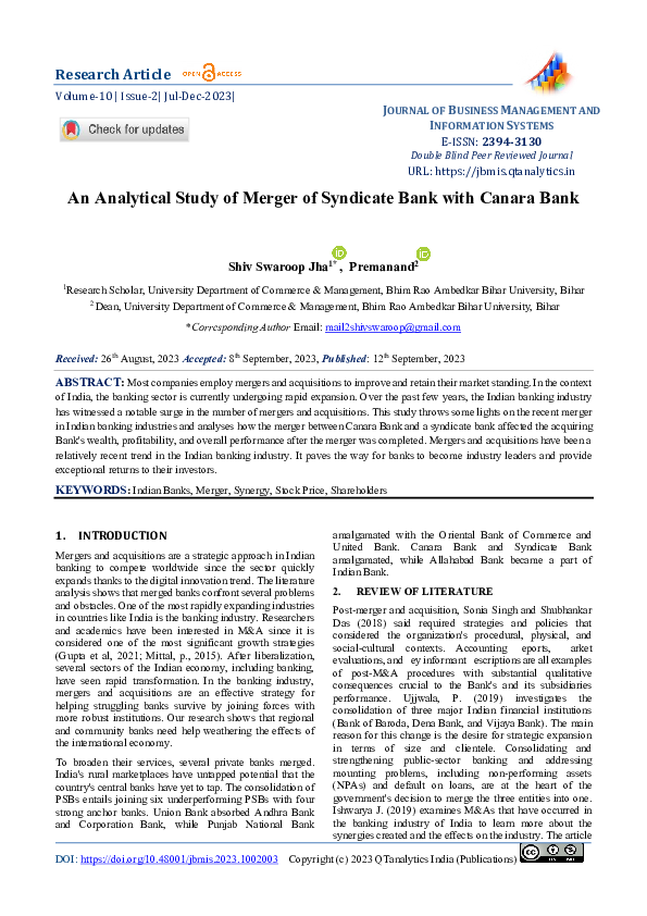 (PDF) An Analytical Study of Merger of Syndicate Bank with Canara Bank