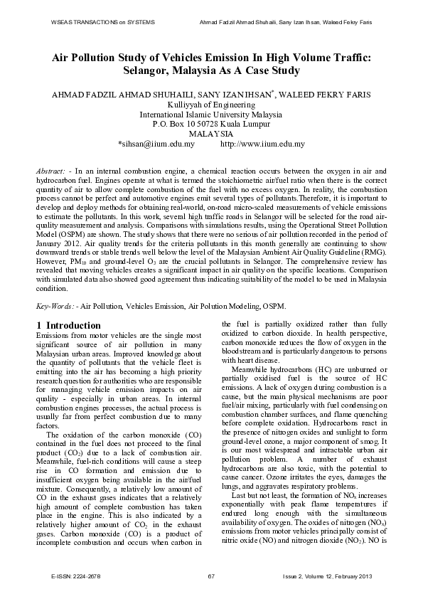 (PDF) Air pollution study of vehicles emission in high volume traffic ...