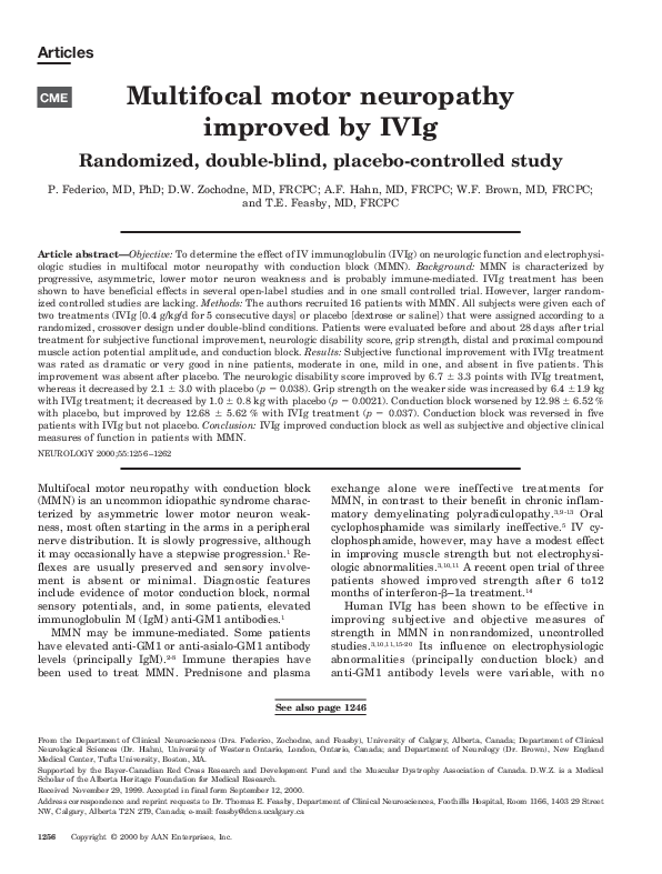 (PDF) Multifocal motor neuropathy improved by IVIg: Randomized, double ...